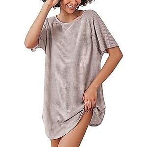 Ekouaer Women Soft Night Shirts V Neck Waffle Knit Loose Nightgowns Cute Sleepwear Light Curry M