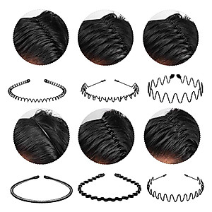 Hair Hoop,6Pcs Unisex Wavy Headband Metal Hair Hoop Multi-style Wave Spring Headband Wavy Comb Hair Band Accessories for Men and Women Black