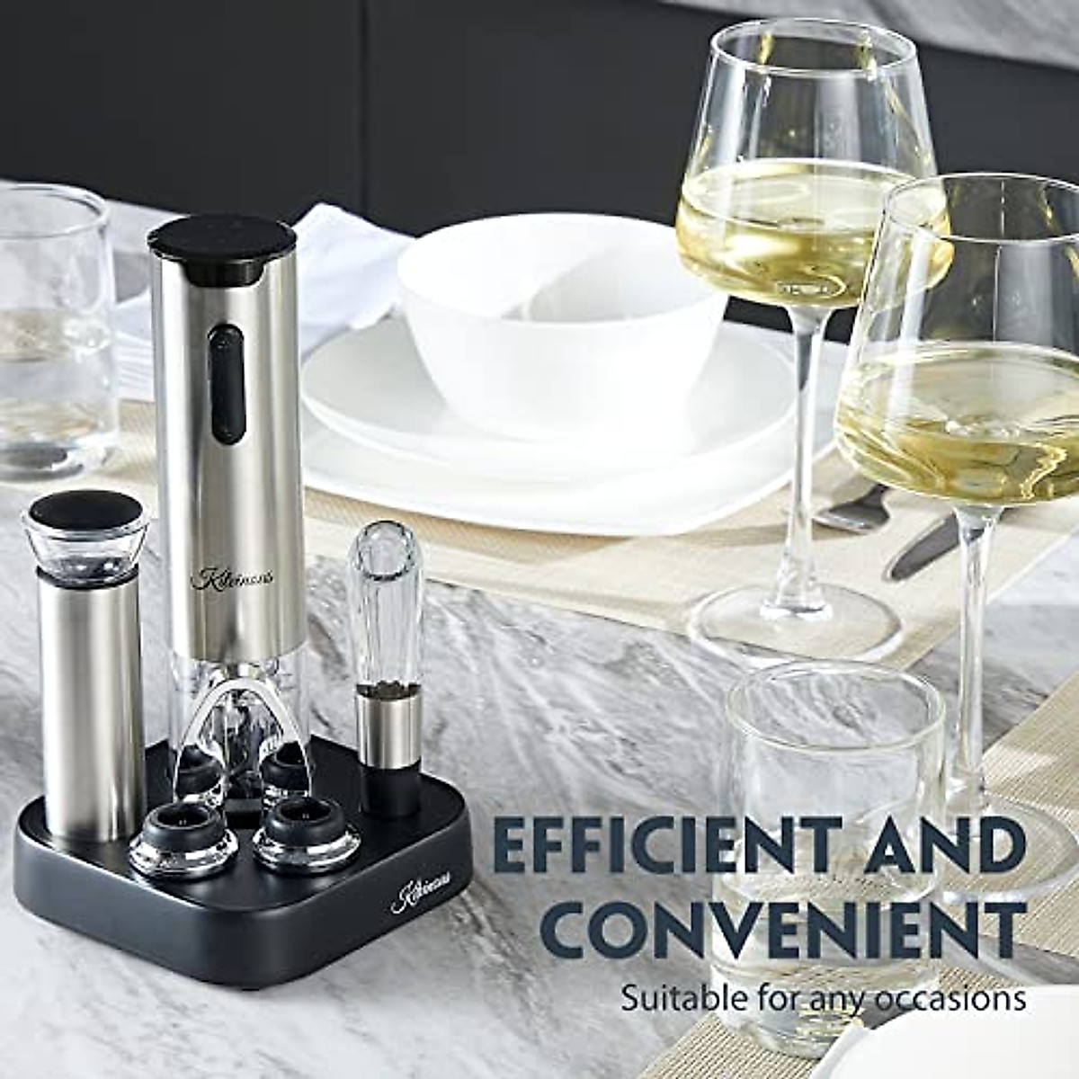 KITVINOUS Electric Wine Opener Set with Charging Base, Automatic Wine Bottle Opener with Led Light, Durable Corkscrew with Wine Aerator & Preserver Vacuum Pump with 2 Stoppers, Foil Cutter, Silver