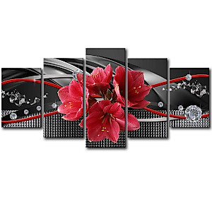 Large Red Flower Canvas Wall Art Prints Picture Black 5pcs Painting Home Decor Bedroom Ready to Hang Framed Modern Artwork 30x60
