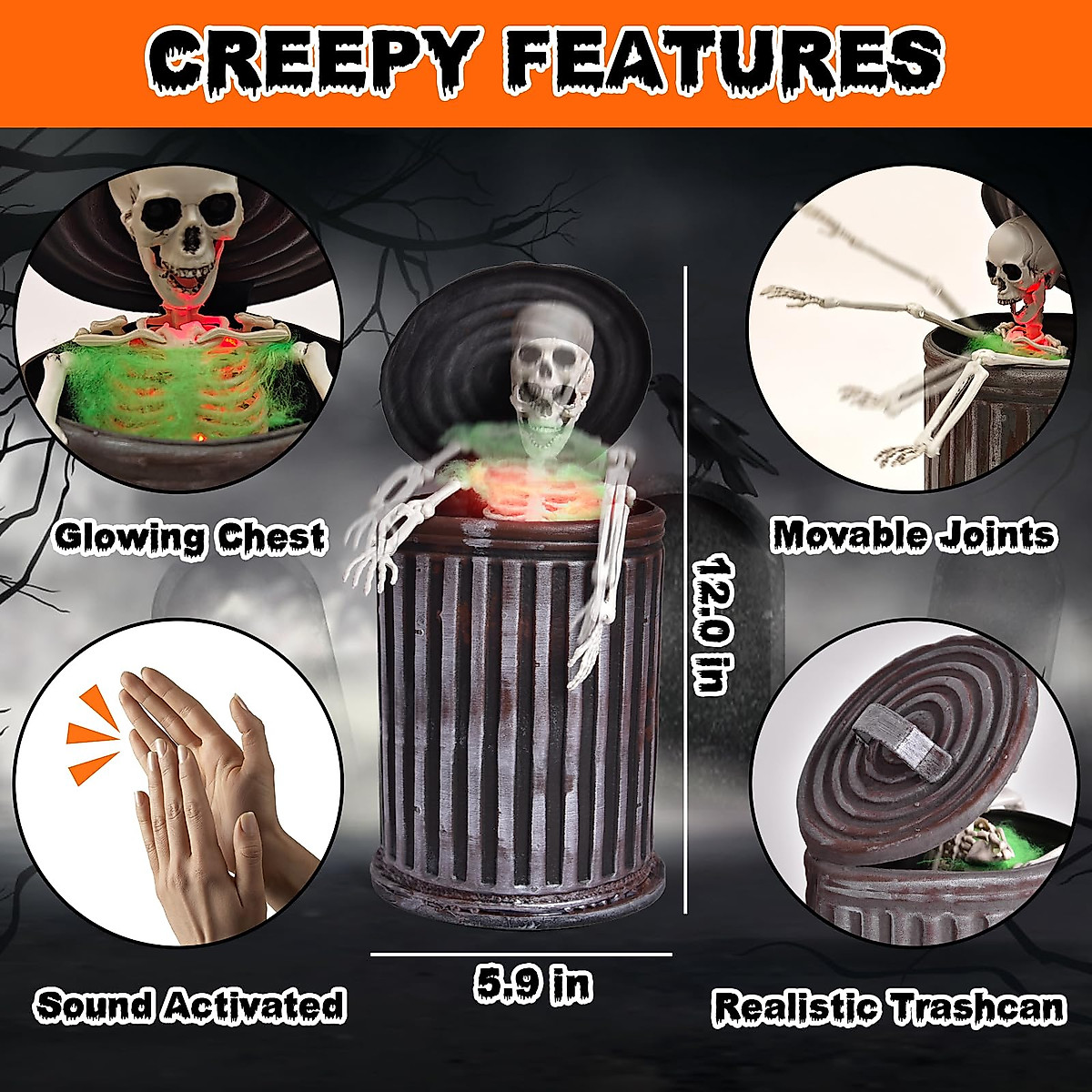 Presence 12" Halloween Animated Trashcan Skeleton, Spirit Activated Animatronic Halloween Decorations with Scary Sounds and Movable Posable Joints, Indoor Haunted House Party Home Props Decor