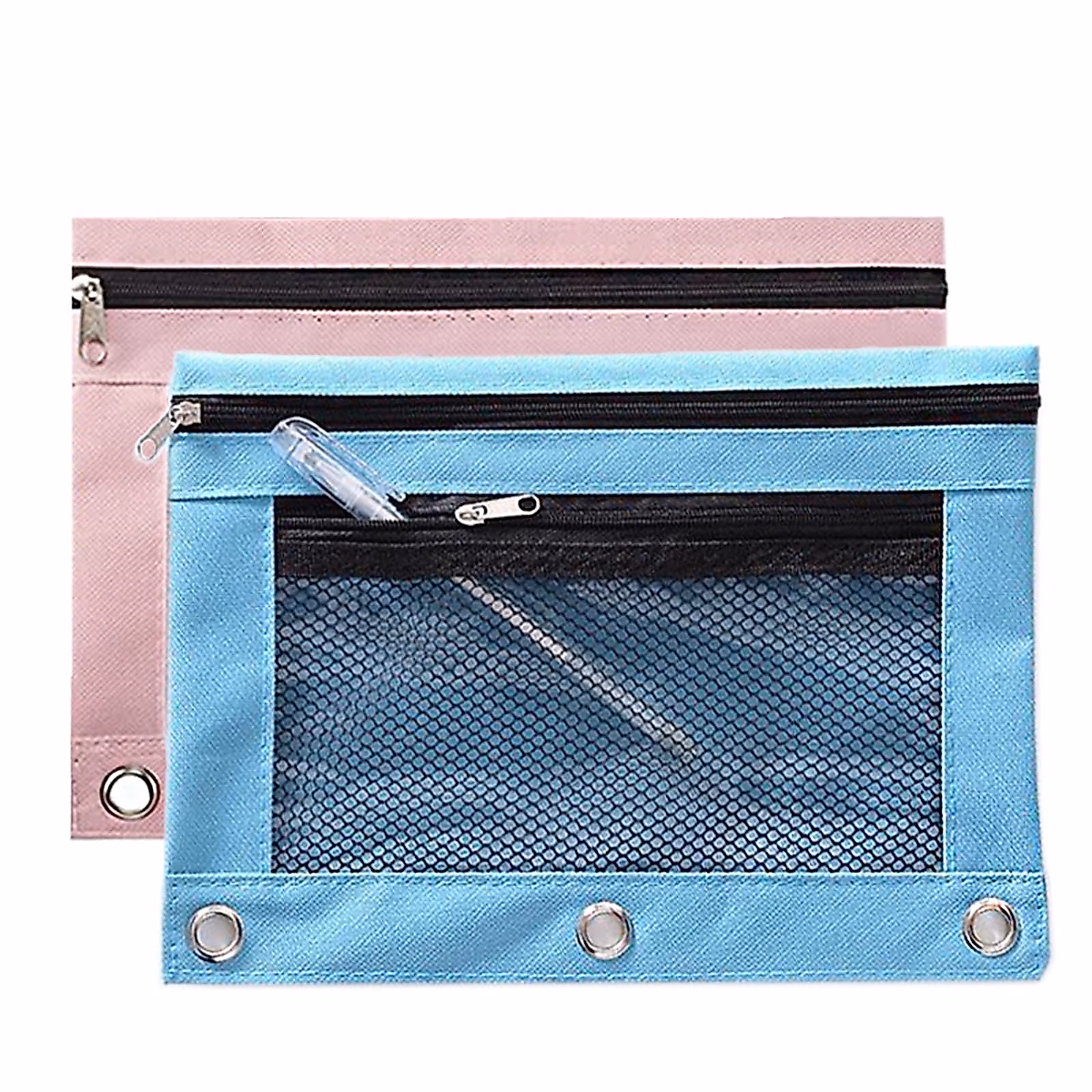 Zittop 2 Pcs Pencil Pouch 3 Ring Binder, Zipper Pencil Pouches Case Binder Cosmetic Bag (Pink and Blue)