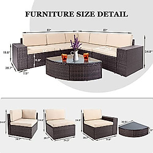 SOLAURA 6 Pieces Patio Furniture, Patio Sectional Sofa All-Weather PE Wicker Modular Outdoor Furniture Patio Conversation Set with Glass Coffee Table (Brown)