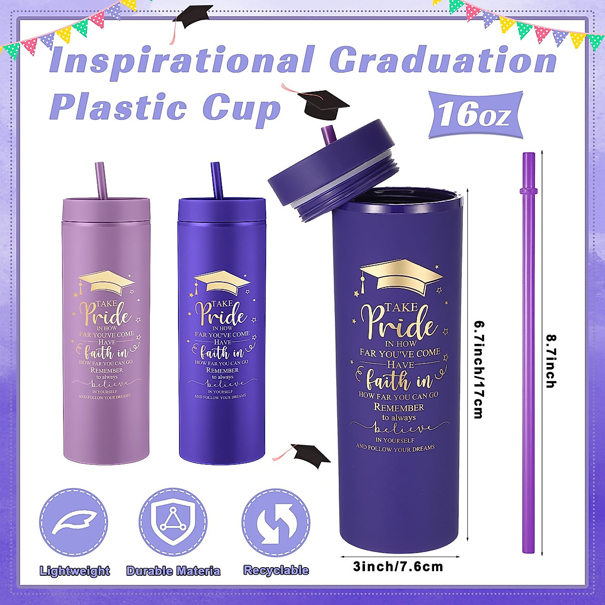 Blushtier 6 Pcs Class of 2025 Graduation Gifts Bulk 16oz Matte Graduation Cups 2025 Inspirational Tumbler with Lid and Straw Plastic Drinking Tumbler for Teen High School Grad Party Favors (Purple)