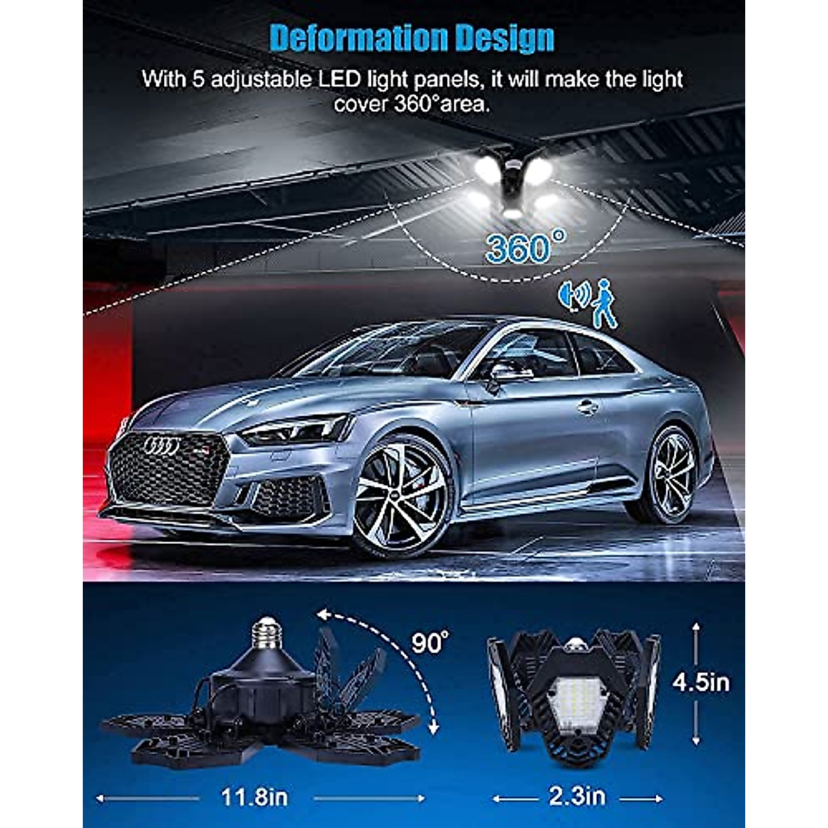 Motion Sensor Garage Light, 150W Deformable LED Garage Light, Super Bright 15000LM Garage Lights with Motion, Ultra Bright Garage Lights Motion Activated LED Shop Light for Garage, Workshop, Basement