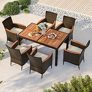 HAPPYGRILL 7 Pieces Rattan Wicker Patio Dining Set, Outdoor Dining Set with Cushions, Large Dining Table with Acacia Wood Top, Outside Dining Furniture Set with Umbrella Hole