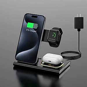 3 in 1 Foldable Charging Station for Apple Products,Fast Wireless Charger Travel Dock Adapter&Light for iPhone 15/14/13/12/11/X/XS/XR 8,iWatch Ultra2/9/Ultra/8/7/6/SE/5/4/3,Pods 3/2/Pro/2 (Black)