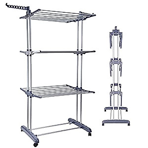 Voil 3 Tier Clothes Drying Rack Clothes Airer,Foldable Laundry Outdoor Indoor Heavy Duty Clothing Horse Garment Dryer Stand on Wheel