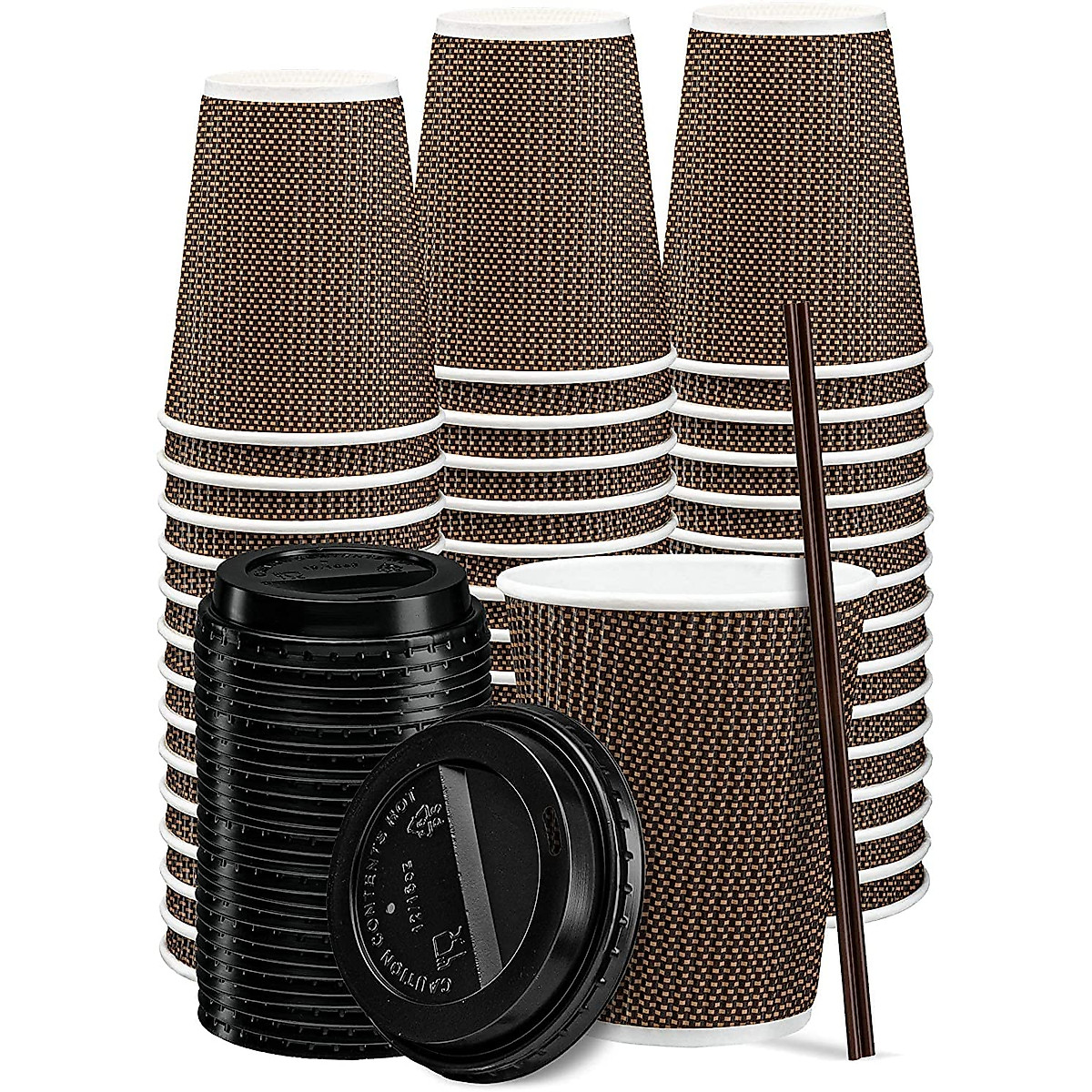 Comfy Package [12 oz. - 50 Sets Insulated Brown Patterned Ripple Paper Hot Coffee Cups With Lids (Lids Color May Vary) - Ideal for Hot Beverages, Travel, and Office Use