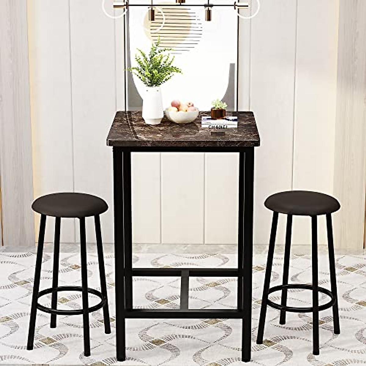 AWQM 3-Piece Dining Table and Chairs for Apartment, Bar Set with 1 Square Table and 2 Round Stools, Kitchen Table Set for 2, Breakfast Table with Footrest for Restaurant, Dinette, Studio (Dark Brown)