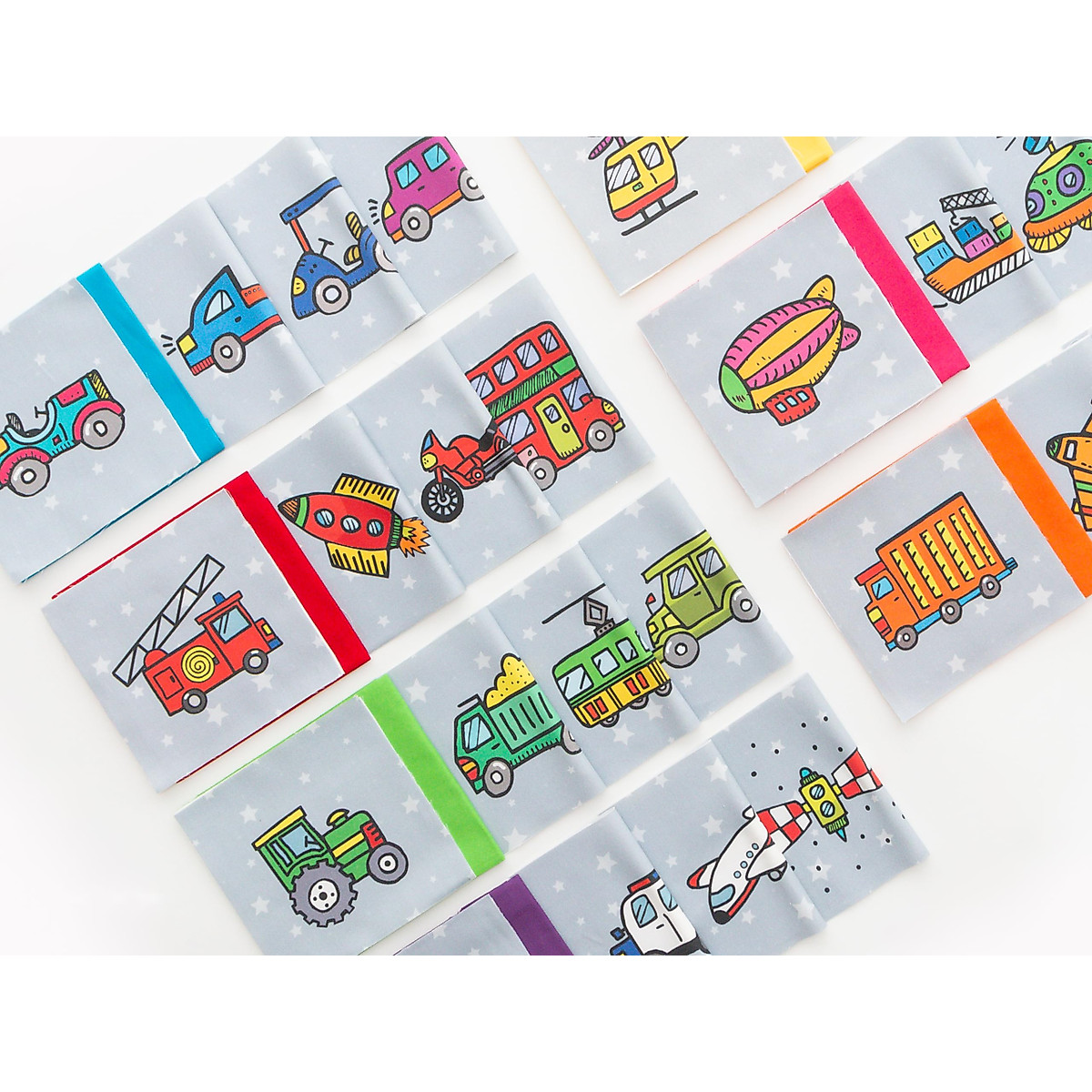 Lalikul Fabric Transport & Vehicles, 100% Cotton Charm Packs, 42 Different Motifs, Fat Quarters, Ideal for Quilts, Sewing, Blankets, I Spy Games for Kids, 5" x 5" Squares.