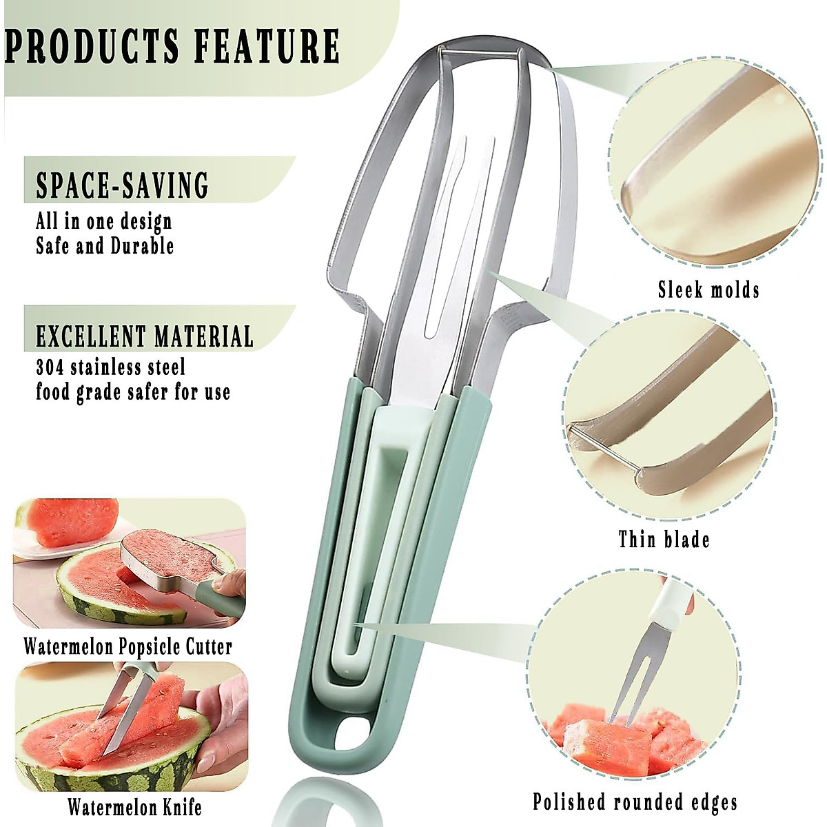 3-in-1Watermelon Cutter Slicer,Watermelon Cutter Slicer Tool,Stainless Steel Watermelon Slicer Cutter,Portable Fruit Cutter Set for Home,for Camping, Encourages Kids' Hands-On Skills,1pcs.