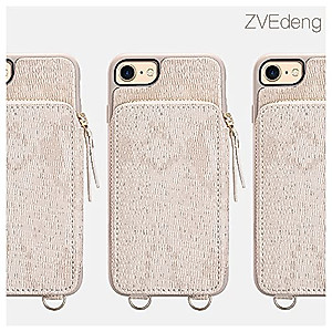 iPhone SE 2022 Wallet Case, iPhone 8 Crossbody Case, ZVEdeng Zipper Wallet Card Holder Crossbody Strap Case Shockproof Leather Purse Case for iPhone SE 3rd Gen (2022) 2020/8/7 4.7'' Lizard Skin Beige