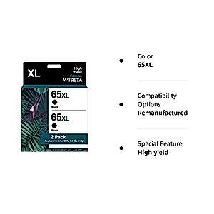 65XL Black High-yield Ink Cartridges (2-Black) Remanufactured Replacement for HP 65 XL Ink 65XL Black Ink for Envy 5058 5055 5034 5032 5030 5014 5012 DeskJet 3755 2655 2624 3758 3720 Printer | N9K04AN