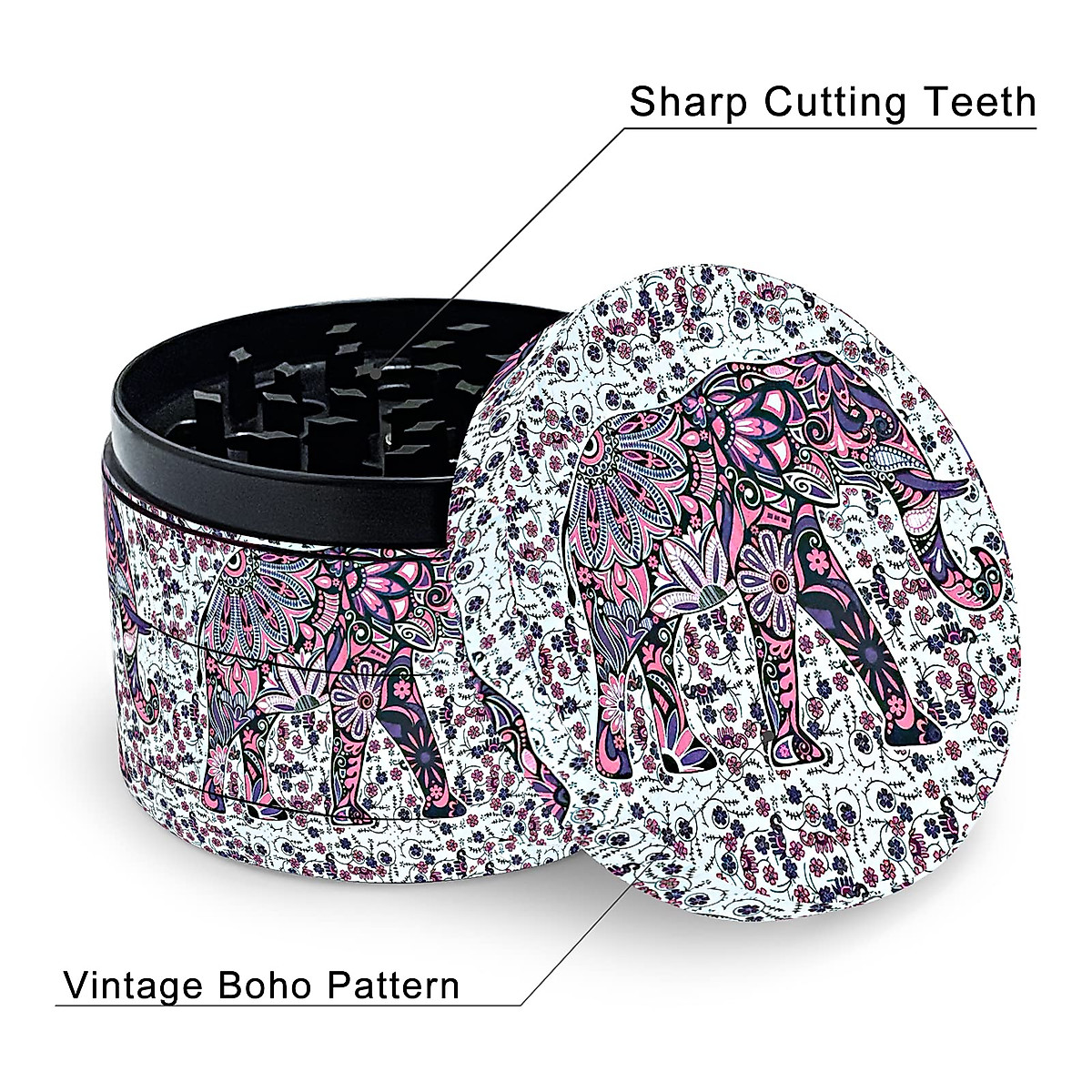 VRUPINZE 2.5 Inch Boho Grinder, Large Spice Grinder（Colorful Elephants Pattern）