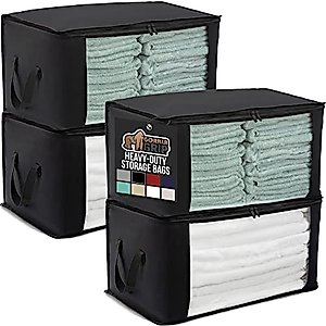 Gorilla Grip Large Capacity 4 Pack Clothes Storage Bag Organizer, 90L, Reinforced Handles, Thick Fabric for Blankets, Bedding, Clothing, Foldable Zipper Container Bags, Clear Window Closet Totes Black