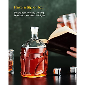 Galaxy Whiskey Decanter Set for Men, 34 Oz Decanter with Two Glasses, Handmade Leadfree Glass Decanter Set with Unique Helmet Design, Gift for Men, Dad, Him, Cool Drinking Accessories for Home Bar