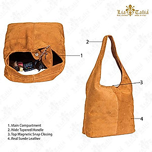 LiaTalia Womens Large Italian Suede Leather Single Shoulder Strap Hobo Slouch Bag with Storage Bag [Dark Grey (Plain)]