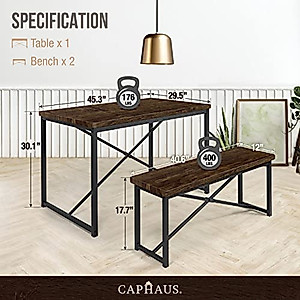 CAPHAUS 3 Pieces Dining Table Set for 4 w/Benches, Rectangular Dining Room Set, Modern Wood Bench Dining Room Table Set, Metal Frame Space-Saving Dining Set, Dining Table w/Two Benches, Brown Oak