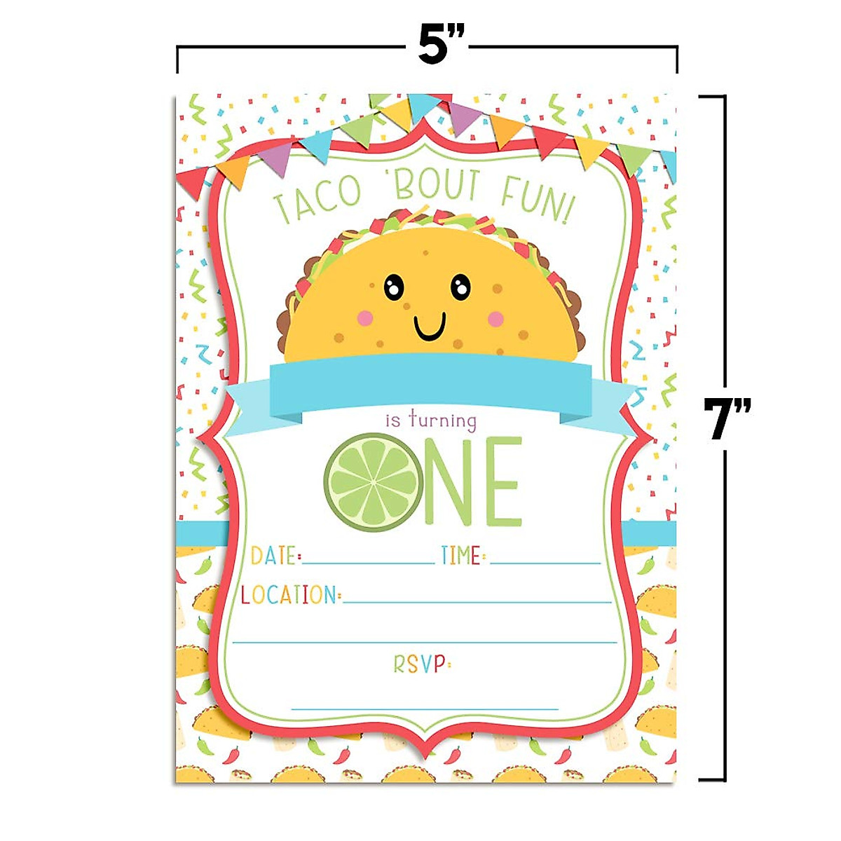 Taco 'Bout Fun Taco Themed First Birthday Fiesta Party Invitations, 20 5x7 Fill In Cards with Twenty White Envelopes by AmandaCreation