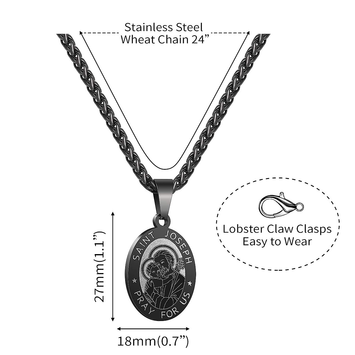 RS Black St Saint Joseph Medal Necklace for Men Boys Stainless Steel Pendant Chain Catholic Religious Baptism First Communion Confirmation Jewelry Gifts Teen Teenage Him Son