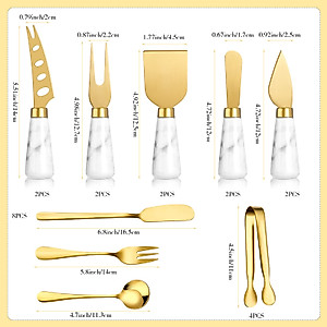 38 Pieces Gold Cheese Knife Set Marble Handle Butter Spatula Knives Cheese Spreader Cutter Cheese Shaver and Fork with Mini Serving Tongs Spoons and Fruit Forks for Charcuterie Board Accessories