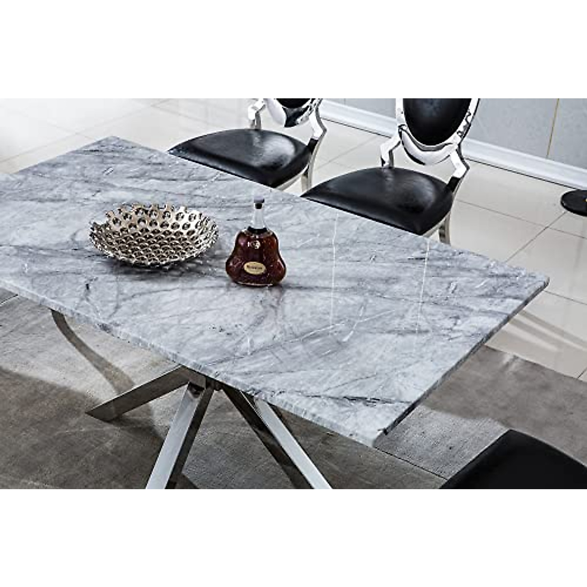 ShopBOPP Marble Dinner Table, Modern Gray Rectangle Dining Table with Marble Top and Stainless Steel Cross Base, Silver Mirrored Finish Kitchen Table Dining Room Table for Dining Room (63”, Gray)