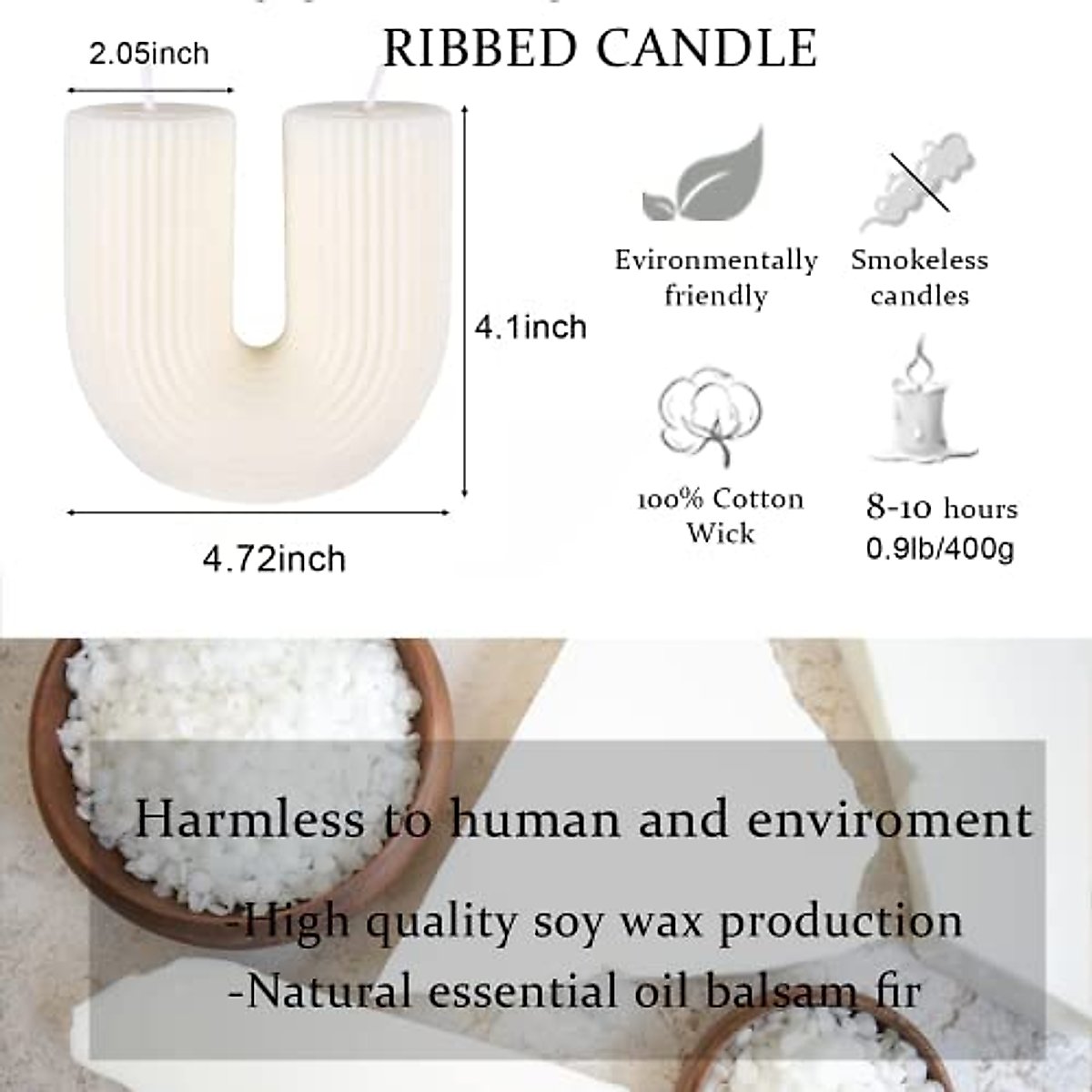Large U Shaped Candle Aesthetic Ribbed Candles Minimalist Geometric Shaped Candles Soy Wax Scented Candle Art Decorative Handmade U Shape Candle for Wedding Spa Yoga Birthday Christmas Gift (White)