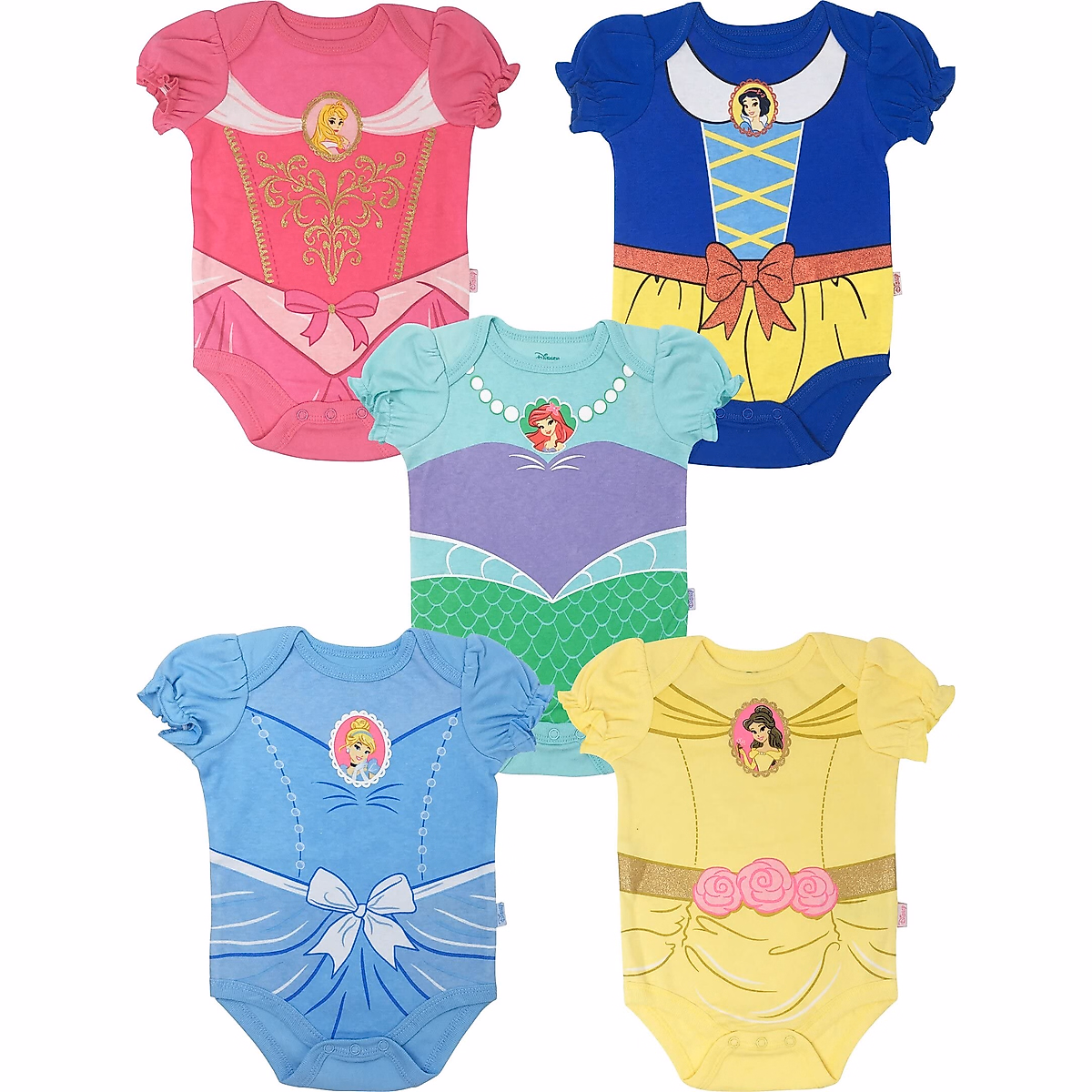 Disney Princess Snow White Belle Aurora Newborn Baby Girls 5 Pack Bodysuits Aurora, Snow White, Ariel, Cinderella, Belle 0-3 Months