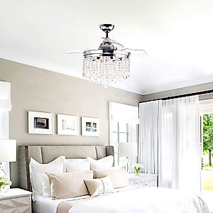 Ceiling Fans with Lights and Remote 42 Inch Crystal Chandelier Ceiling Fan with Light for Bedroom 3 Retractable Blades, Timer, Chrome2