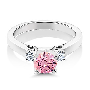 Gem Stone King 925 Sterling Silver Pink Zirconia and White Created Sapphire 3-Stone Engagement Ring For Women (1.60 Cttw, Round 6MM, Gemstone Birthstone, Size 9)