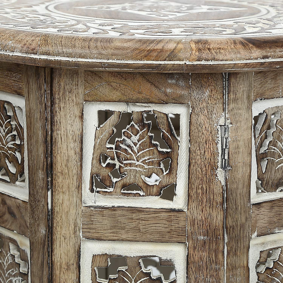SAVON Small Rustic Wood Table Round White Side end Carved Indian Coffee Accent