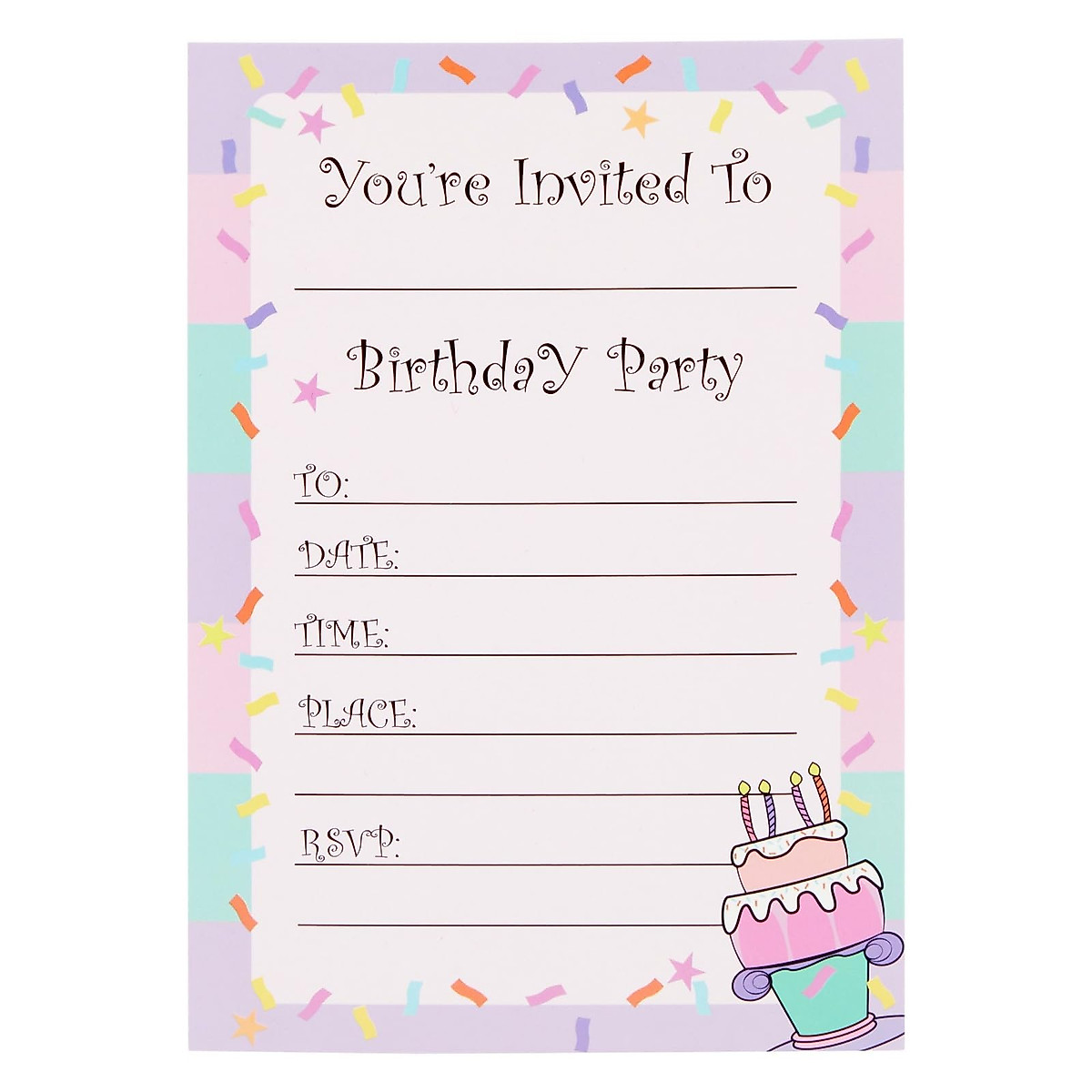 Juvale 24 Pack Birthday Invitations for Girls, Fill-In Invite Cards with Envelopes, Confetti Design (5x7 in)