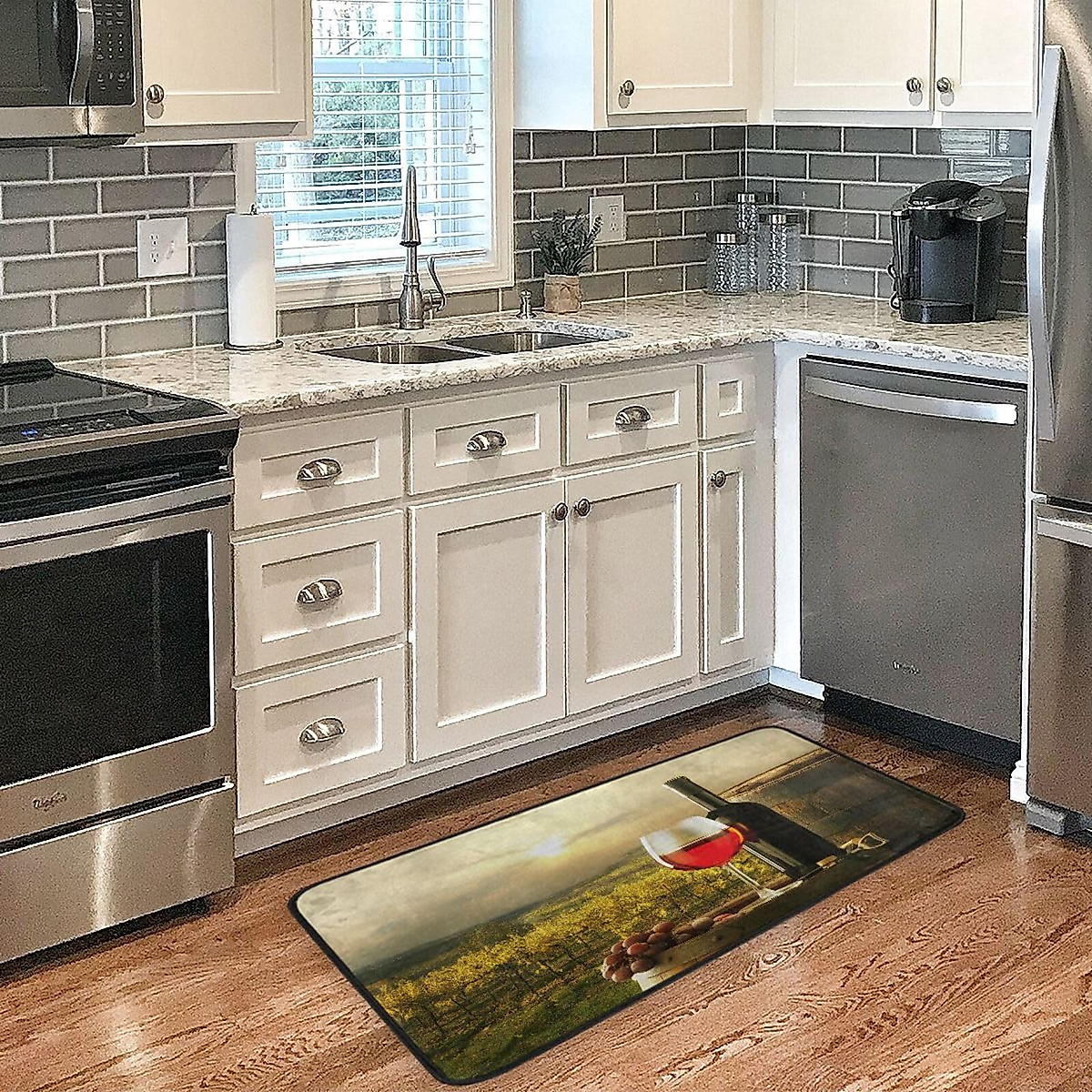 Kitchen Rugs Mats Non Skid 39 X 20inch Throw Rugs for Kitchen Floor Sink Standing Carpets Entryway Rugs (Red Wine and Bottle)