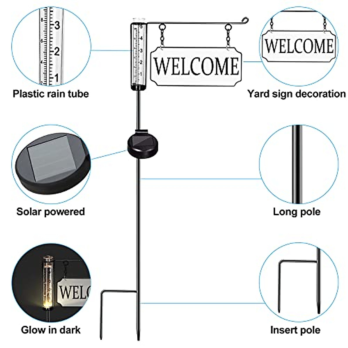 Uitpon 36" Rain Gauge Outdoor Decorative with Solar Powered Light,Metal“Welcome”Yard Sign Stakes with Plastic Rain Measure Gauge for Garden Lawn Decorations