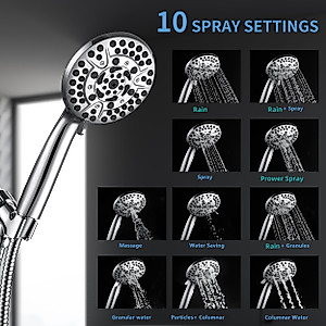Iopsk High Pressure Shower Head with Handheld,10 Spray Settings Detachable Handheld Shower Head, Hand Held Rain Showerhead with 60 Inch Stainless Steel Hose and Adjustable Bracket(Chrome)