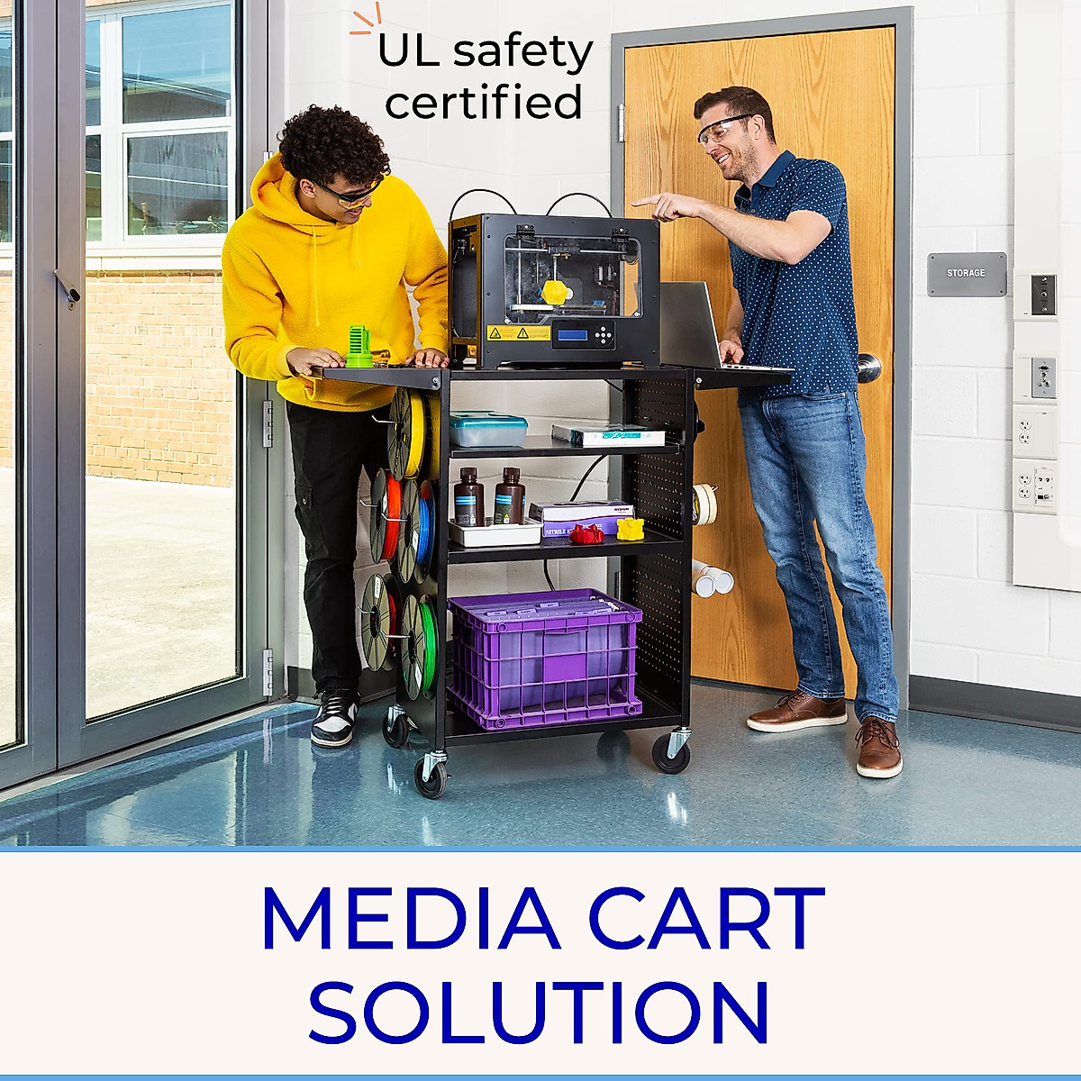 Line Leader Stellar AV Cart | Reimagine Your Teacher Cart with Revolutionary Pegboard Siding & 12 Movable Hooks for Customizable Storage | UL Safety Certified Cart | Keyboard Tray & Drop Leaf Shelving