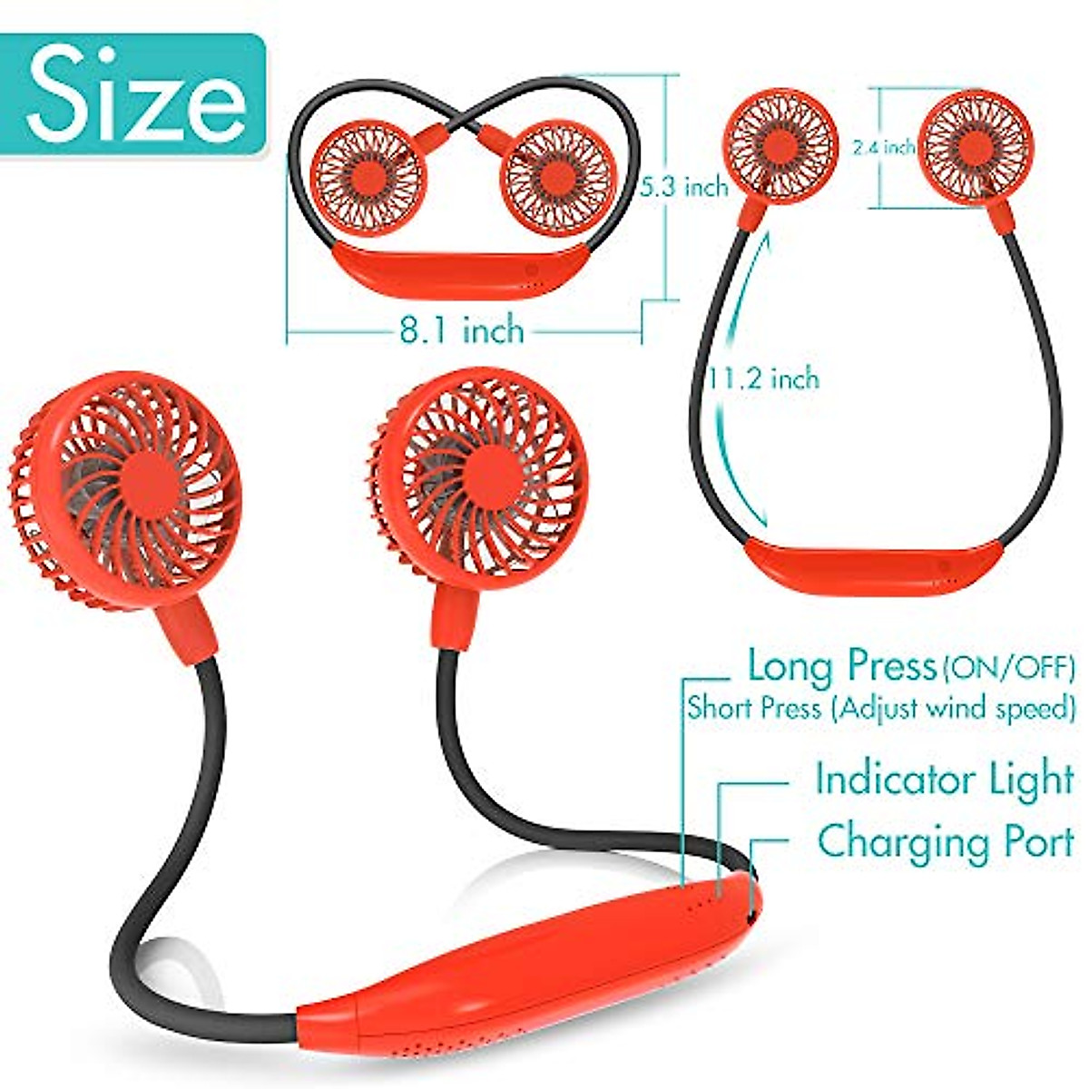 panergy Portable Neck Fan, 2600mAh Battery Operated Handfree Design Wearable Fan with 6 Speeds Strong Wind, 360° Adjustable High Flexibility Personal Fan for Outdoor Travel Home Office