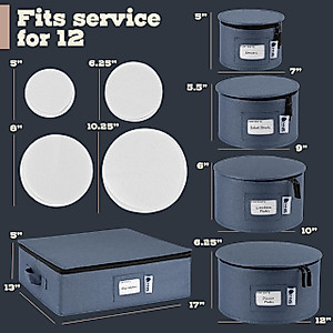 Hard Shell China Storage Containers 5-Piece Set Moving Boxes for Dinnerware, Glasses, Plates, Mugs and Saucers Sturdy Dish Organizer with Dividers for Seasonal Storage - Service for 12 - Denim Blue