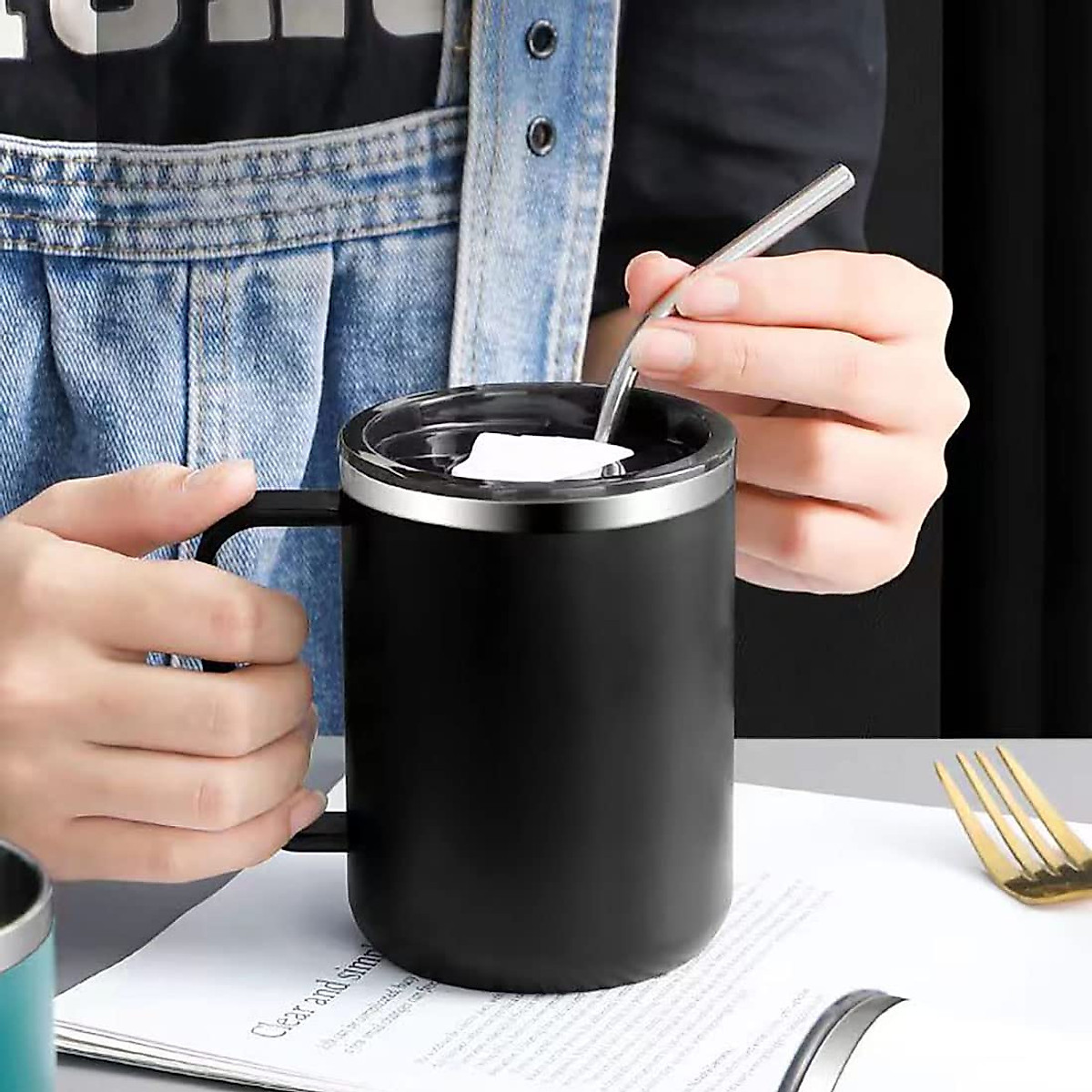 Lcxecnw Coffee Cup Mug with Handle,16 oz Stainless Steel Mugs,Double Wall Vacuum Travel Mug,Tumbler Mugs with Straw and Sliding Lid,Hot & Cold Drinks for Home Office (Black)