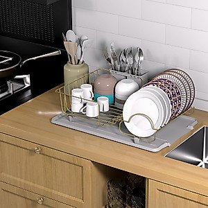 Buruis Dish Drying Rack, Gold Dish Drainer with Anti-Slip Rubber Feet Organizer includes Removable Drain Board and Utensil Holder, Large Capacity Stainless Steel Dish Racks for Kitchen (Gray)