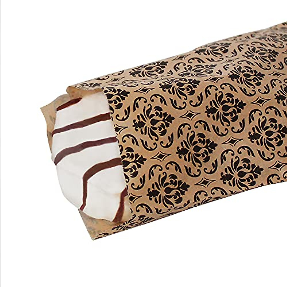 Mooca 200 pcs Damask Paper Gift Bags Shopping Sales Printed Bags Paper Bags Packaging Bags Candy Bags Popcorn Bags Cookie Bags Treat Bags Bags for Packaging, 4''W x 6''H, Brown with Black Damask