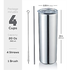 Insulated Skinny Stainless Steel Tumbler Set - 4-Pack 20oz Coffee Tumbler with Straw - Travel Coffee Mug With PBA Free Lids - Slim Vacuum Insulated Tumblers Keep Hot and Cold - Great for Home, Office.