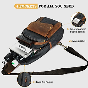 Handadsume Water Resistant Canvas + Leather Hiking Travel One Shoulder DayPack Backpack Sling Crossbody For Men Women FB8013 (Black)