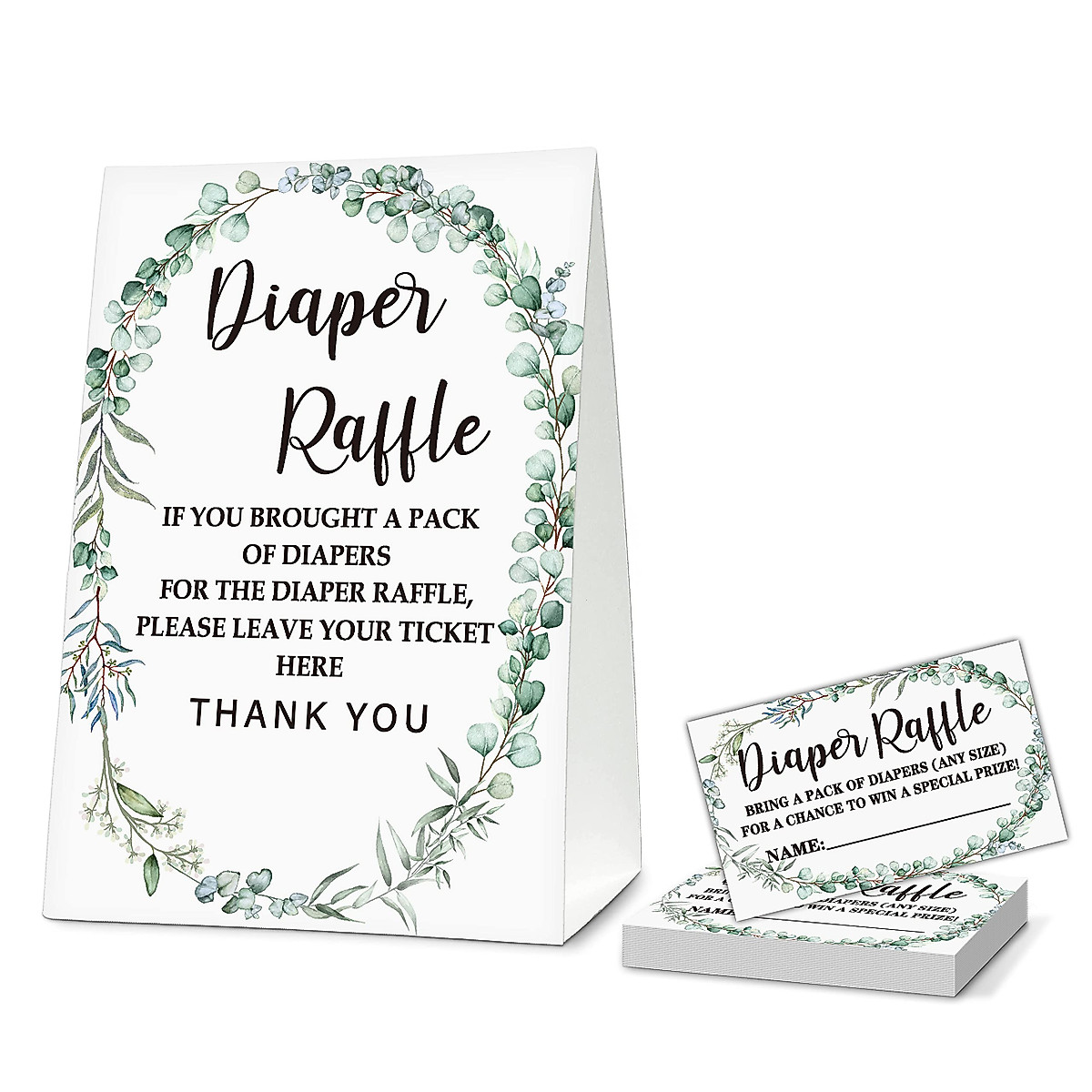 ONDTOM Greenery Baby Shower Party 5"x7" Self-Standing Diaper Raffle Sign With 50 Cards(2.1"x3.5"), Baby Gender Announce Party Decorations Supplies - diaper-D01