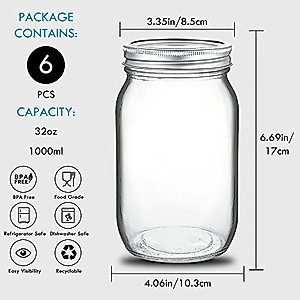 YEBODA 6 Pack Wide Mouth Mason Jars 32oz Glass Canning Jars with Airtight Lids and Bands for Preserving, Jam, Honey, Jelly, Wedding Favors, Sauces, Meal Prep, Overnight Oats, Salad, Yogurt