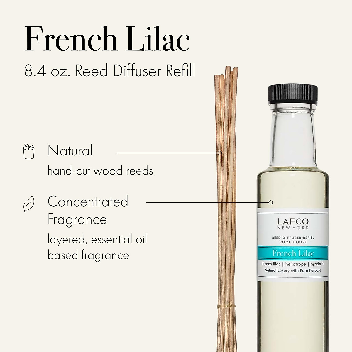 LAFCO New York Reed Diffuser Refill, French Lilac - 8.4 oz - Up to 4-Month Fragrance Life - Includes Natural Wood Reeds - Free of Dyes & Propellants - Made in The USA