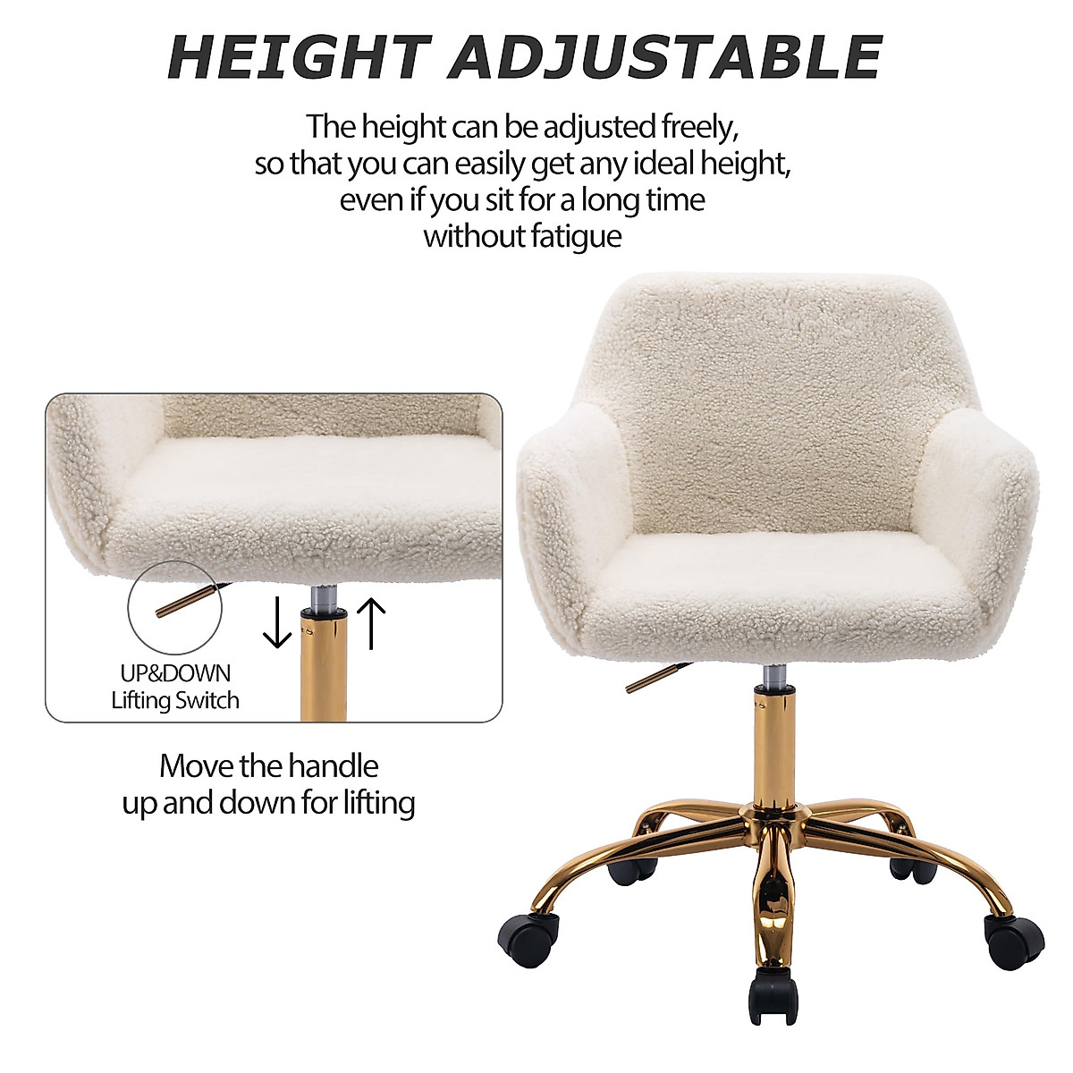 KCC Faux Fur Office Desk Chair, Comfy Swivel Armchair with Wheels, Upholstered Fuzzy Vanity Chair, Adjustable Height, White