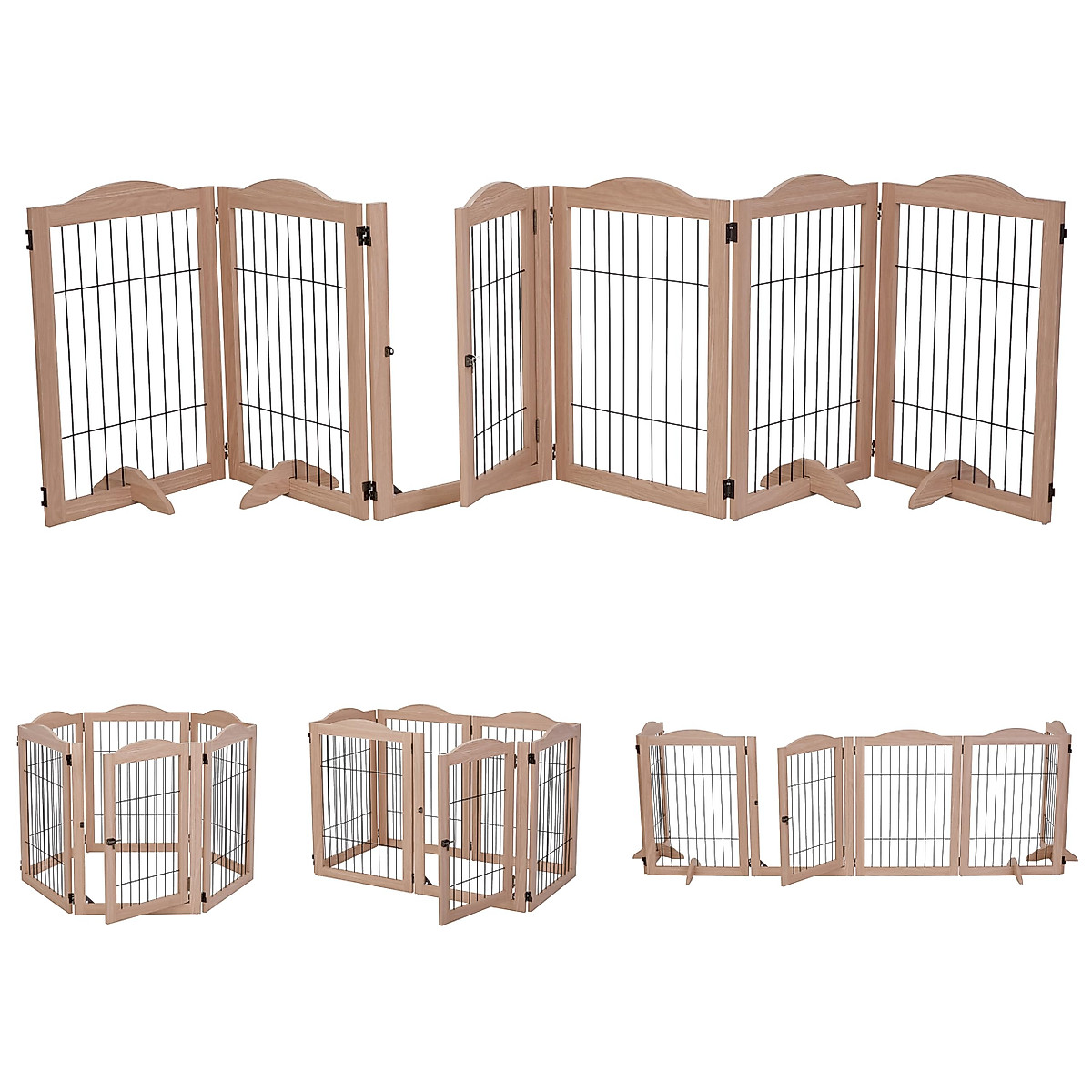Arf Pets Freestanding Dog Gate with Door, 6 Panel 360° configurable Wooden Wire Fence, 132" Wide, 31.5" Tall, Foldable, Five Support Feet Included, for The House - Indoor Use