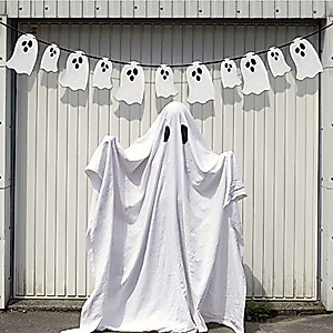 IWPTY Halloween Ghost Banner, Ghost Garland White Glittery Halloween Decorations for Party Indoor Outdoor Haunted Houses, Home House Doorways Mantel Wall Decor Supplies - 2 Packs with 2 String Lights